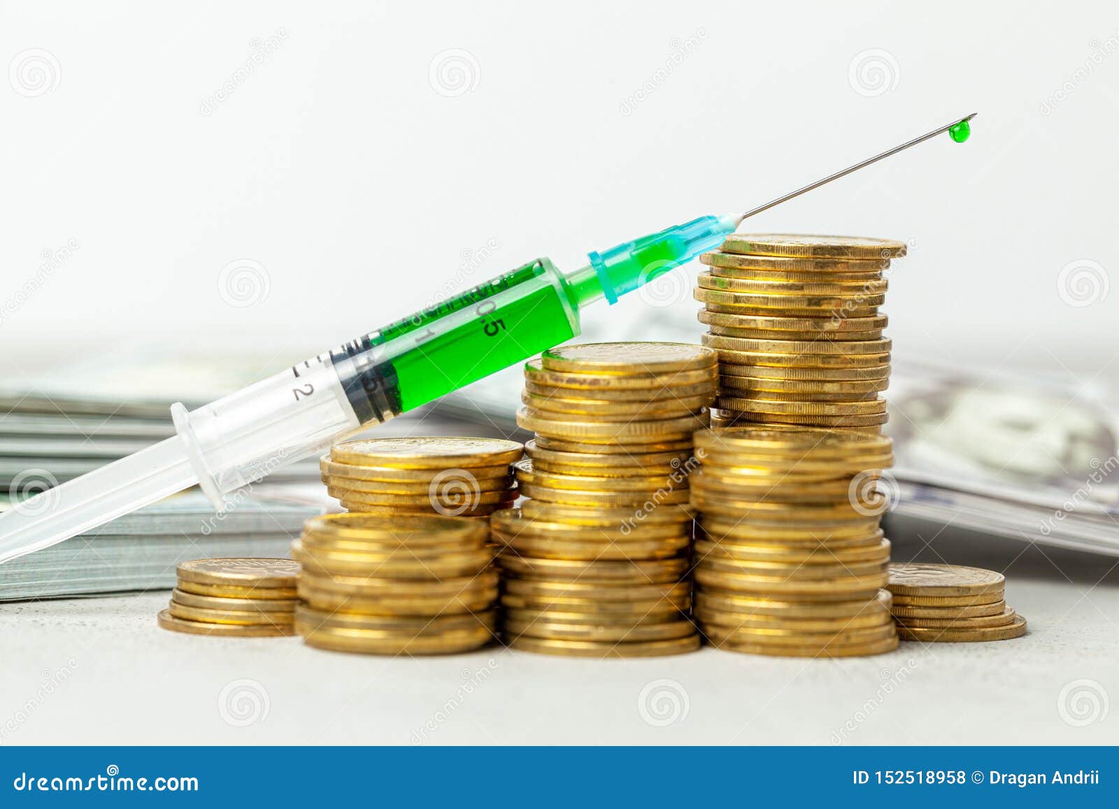 Stack of Coins with a Ladder Growth Symbol and Syringe with Injection ...