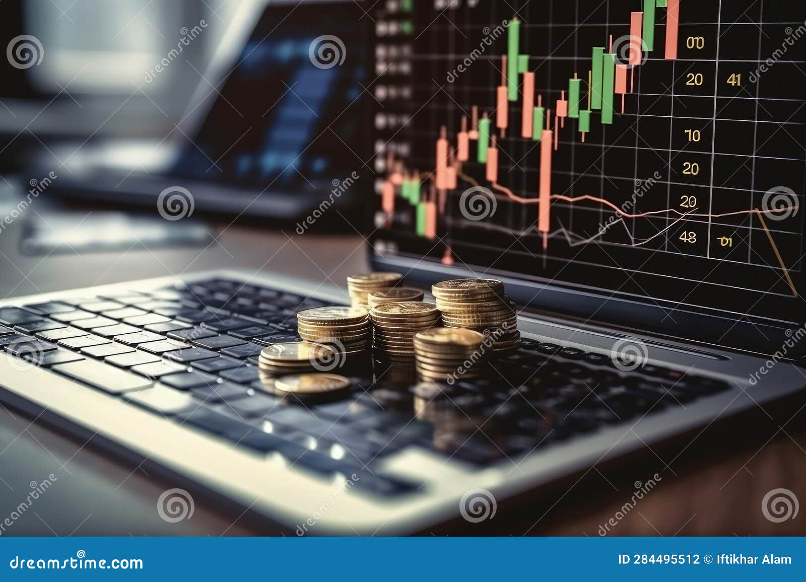 Stack of Coins and Laptop Computer with Stock Market or Forex Trading ...