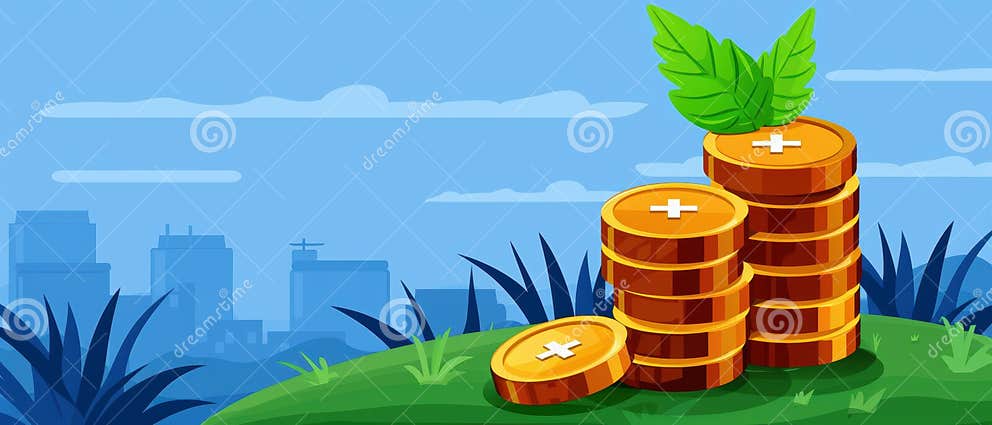 A Stack of Coins with a Leaf on Top Stock Illustration - Illustration ...