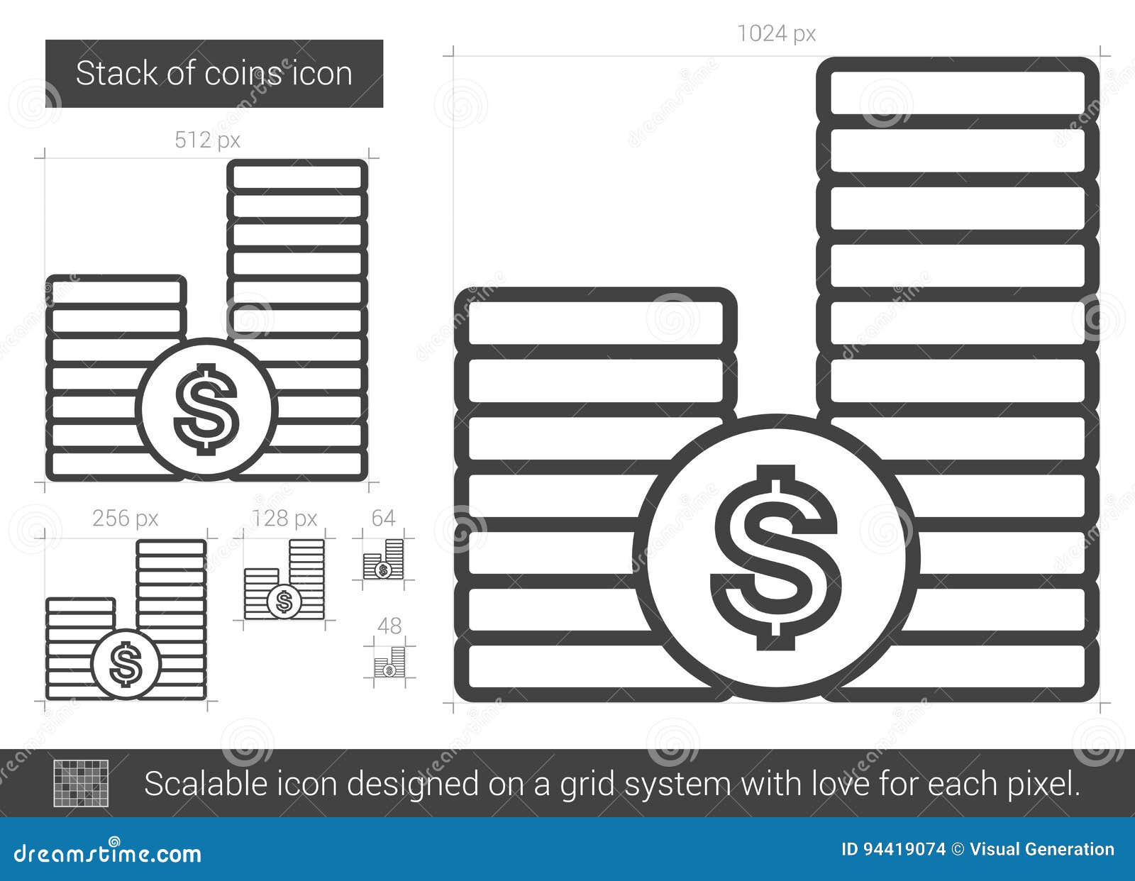 Stack of coins line icon. stock vector. Illustration of drawing - 94419074