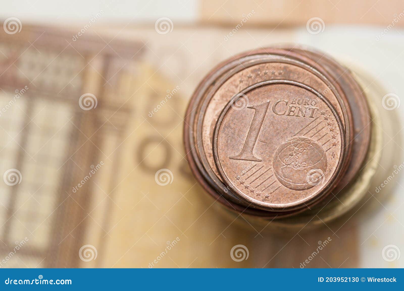 Stack of Coins with One Euro Cent on the Top, on Euro Banknotes ...