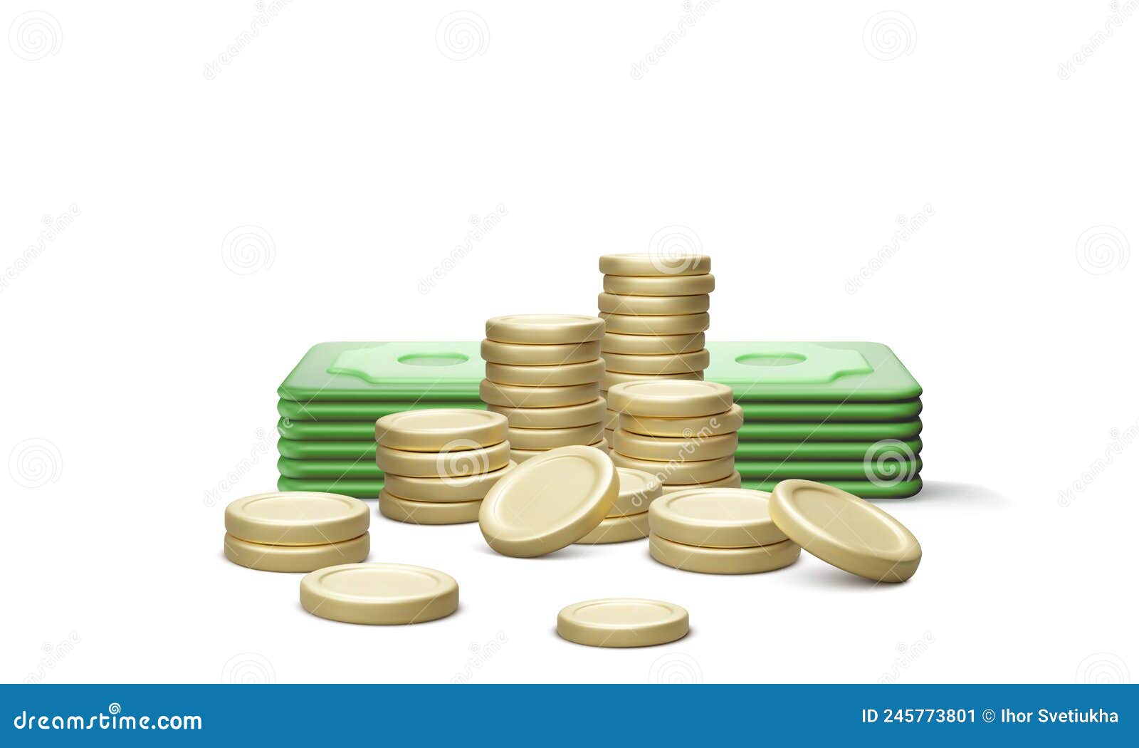 Stack of Coins and Paper Currency 3d Render. Realistic Money in Cartoon ...