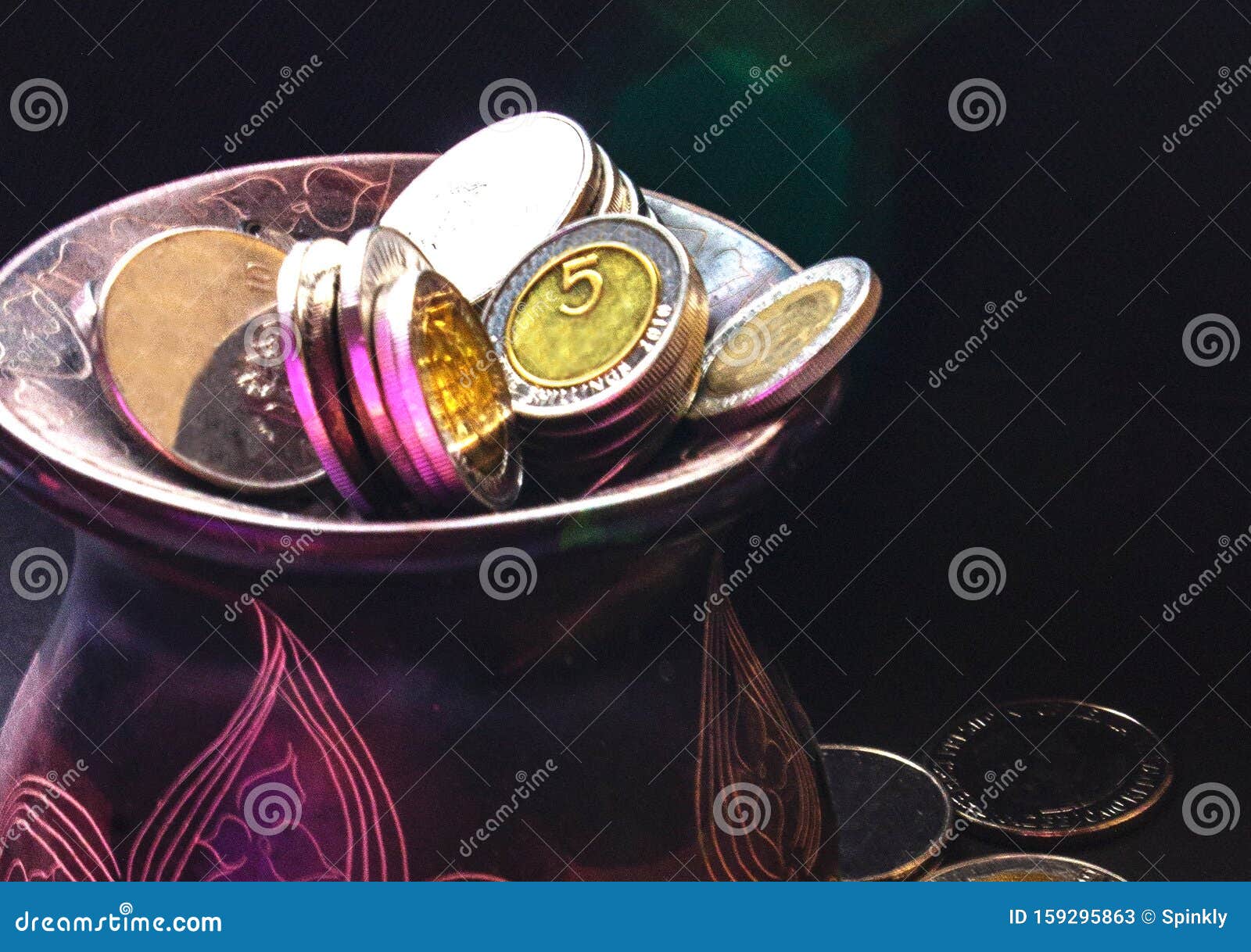 Stack of coins in a pot stock image. Image of back, setup - 159295863