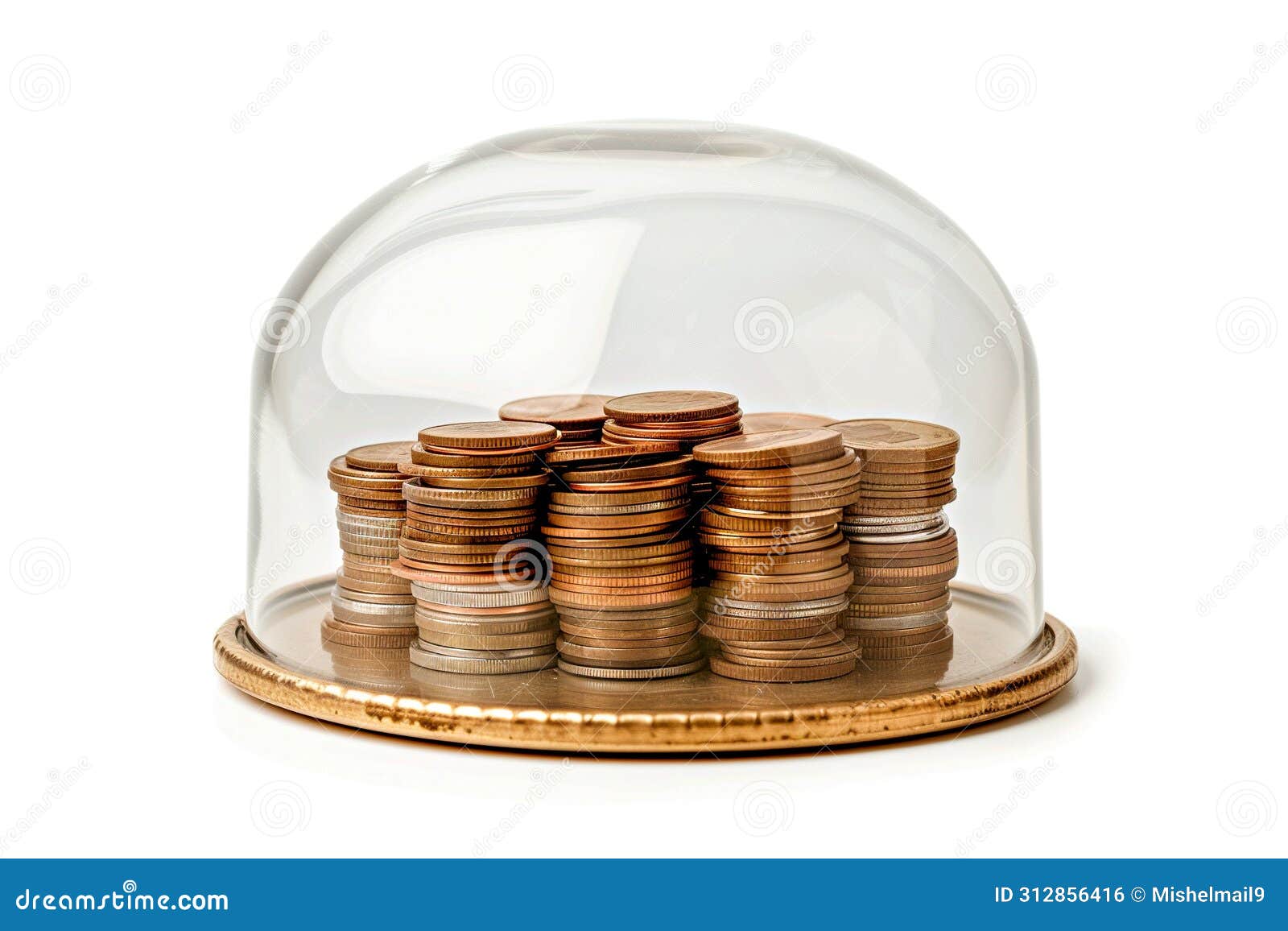 Stack of Coins Protected Under Glass Dome on White Background. Money ...