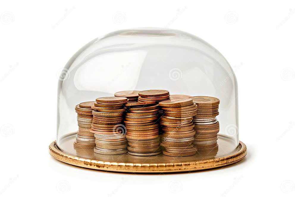Stack of Coins Protected Under Glass Dome on White Background. Money ...