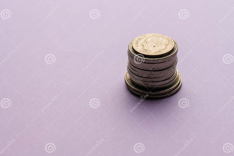 Stack of Coins on Purple Background.. Stock Image - Image of currency ...
