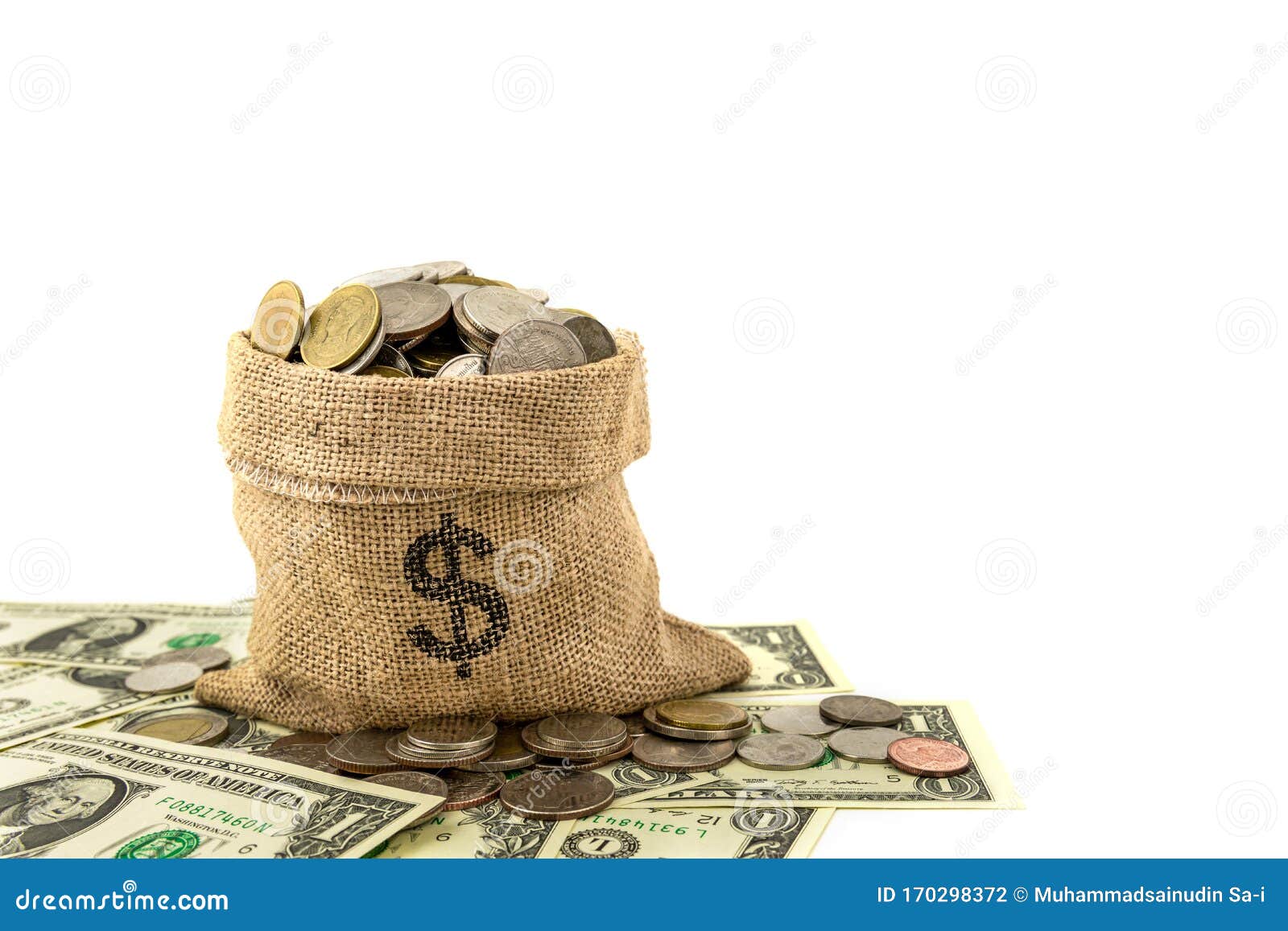 Stack of Coins in Sack Bag on White Background with Free Space Stock ...