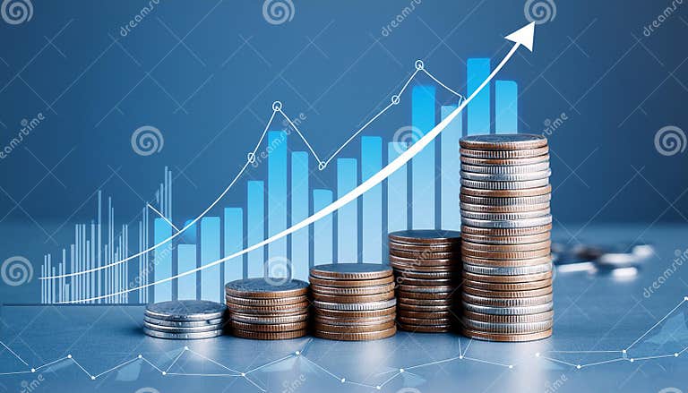 A Stack of Coins is Shown on a Blue Background with a Graph Showing the ...