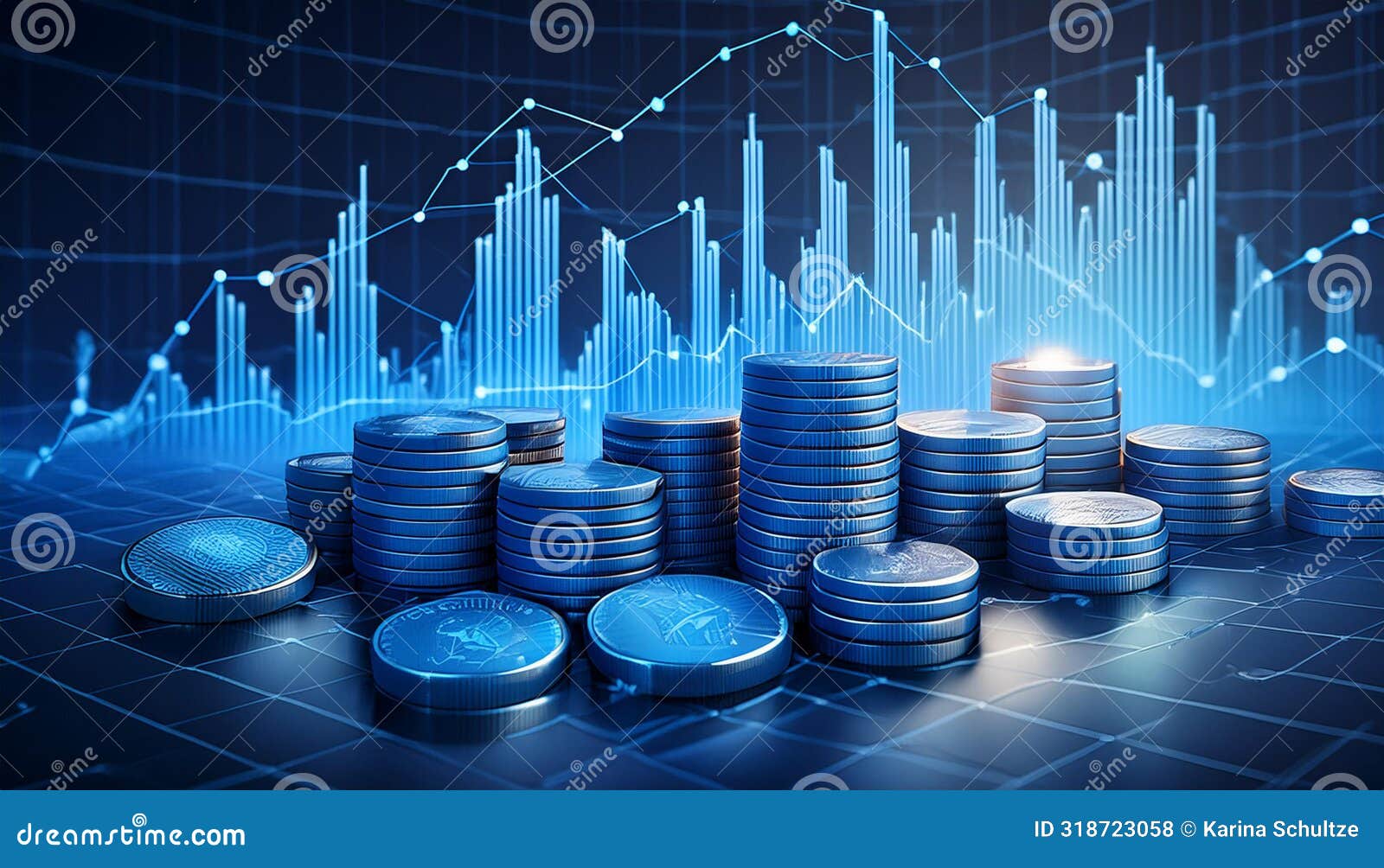 A Stack of Coins is Shown on a Blue Background with a Graph Showing the ...