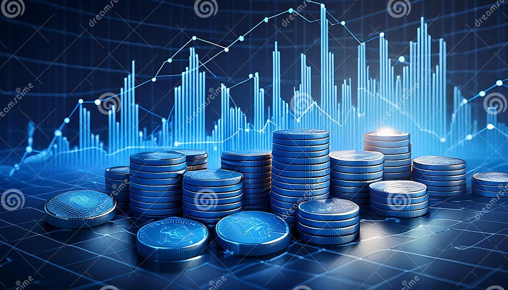 A Stack of Coins is Shown on a Blue Background with a Graph Showing the ...