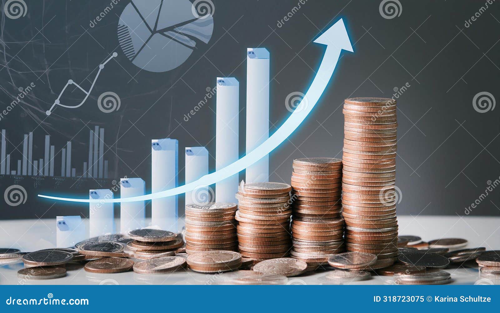 A Stack of Coins is Shown on a Blue Background with a Graph Showing the ...