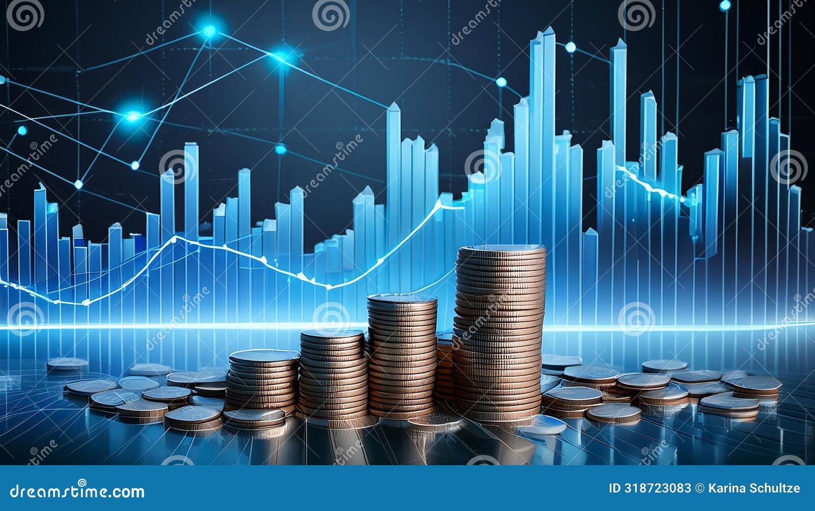A Stack of Coins is Shown on a Blue Background with a Graph Showing the ...