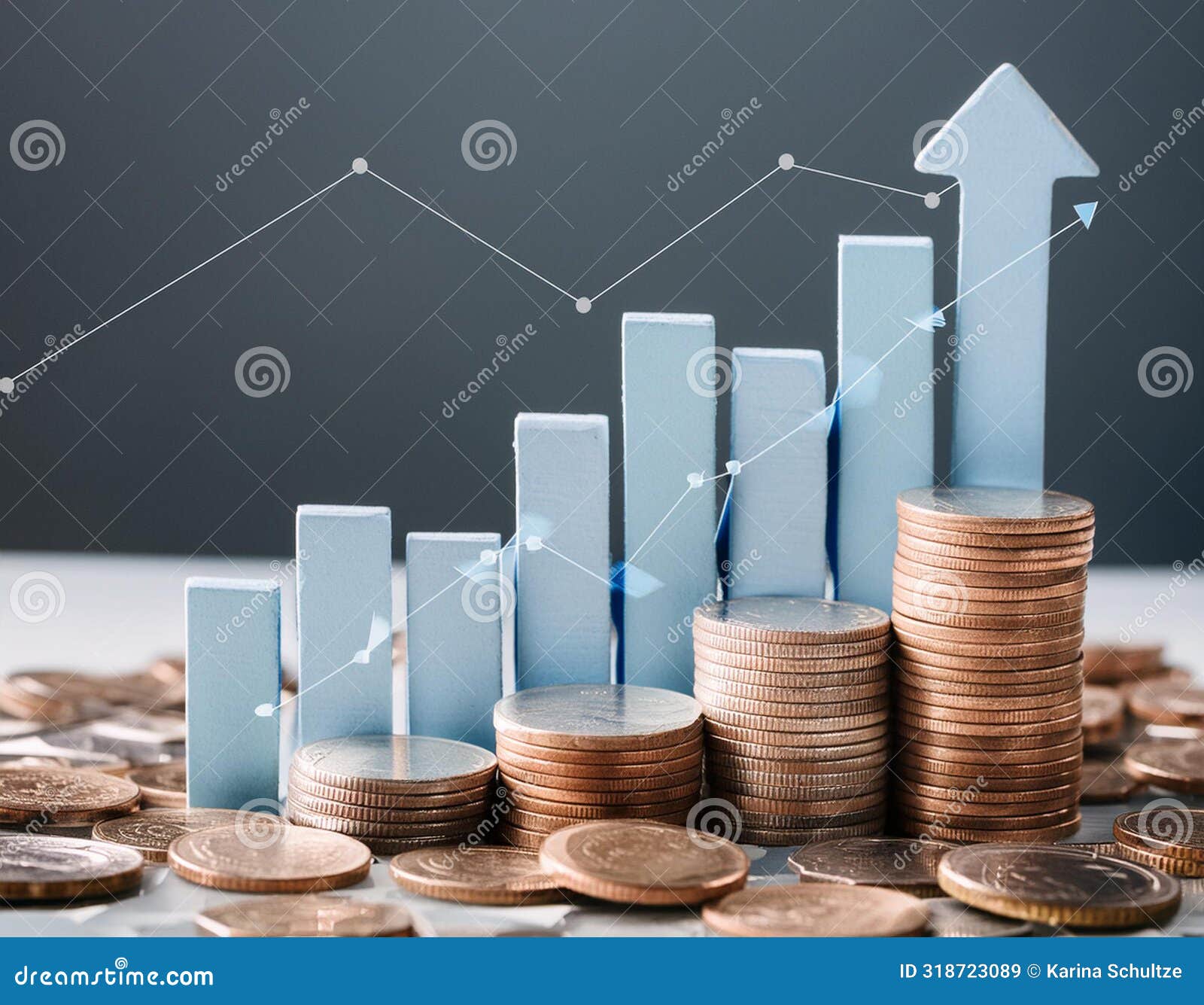A Stack of Coins is Shown on a Blue Background with a Graph Showing the ...