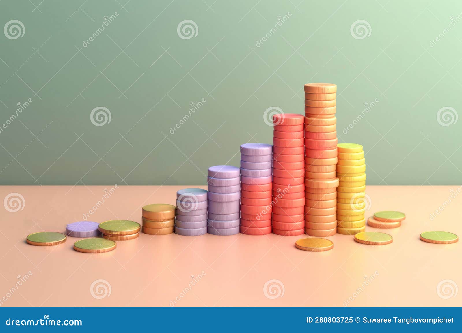 Stack of Coins on Table in Pastel Room with Copy Space Background ...