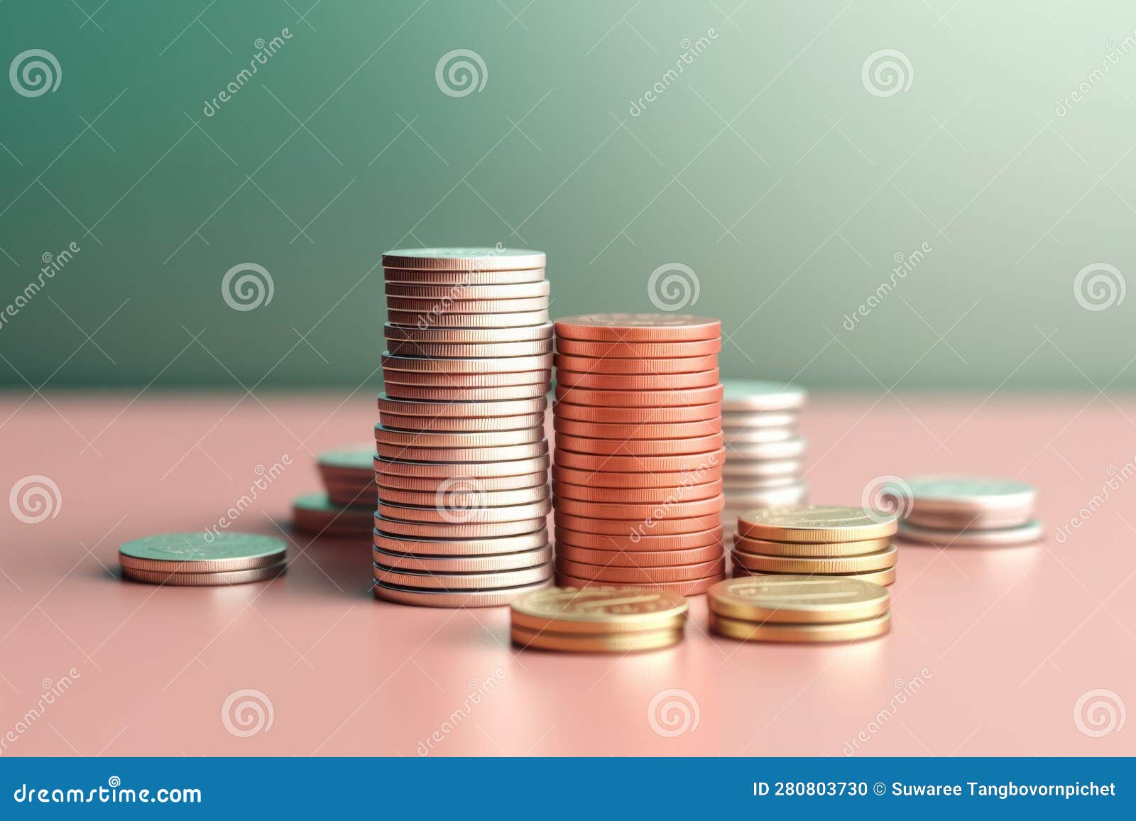 Stack of Coins on Table in Pastel Room with Copy Space Background ...