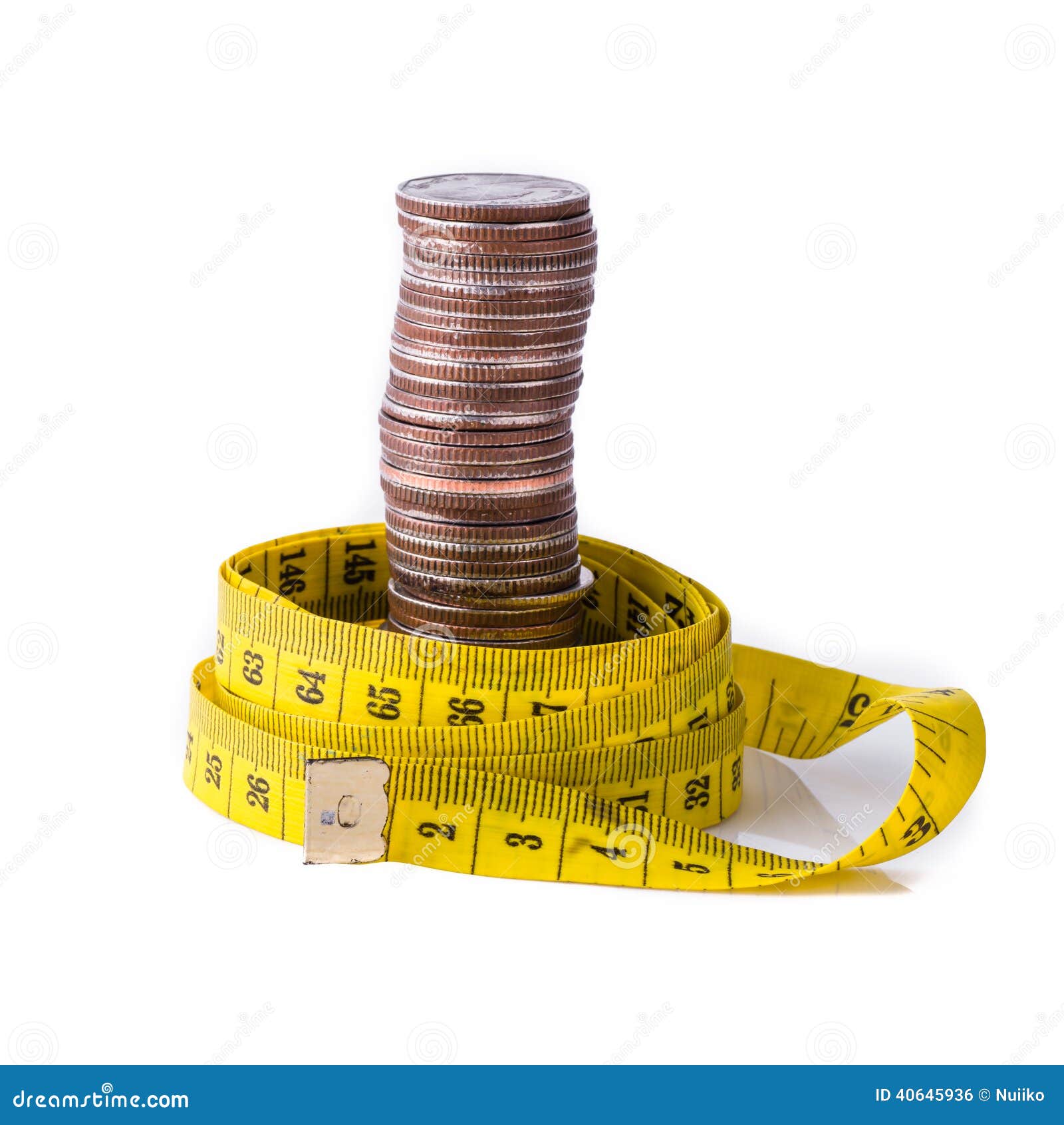 Stack of Coins with Tape Measuring Isolated Stock Photo - Image of gold ...