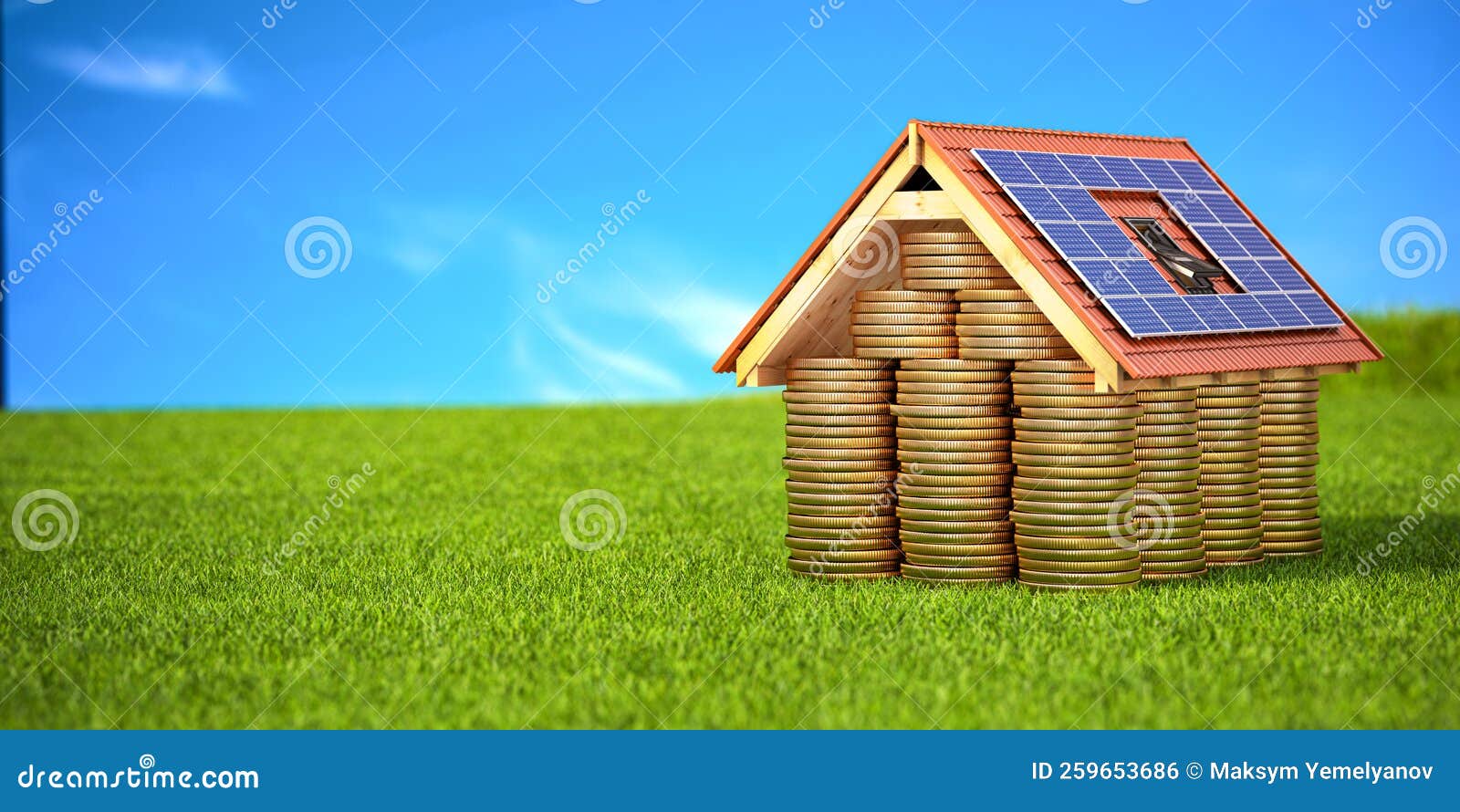 Stack of Coins Under the Roof with Solar Panels. Money Saved by Using ...