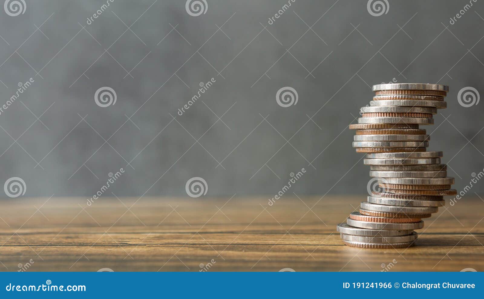Stack of Coins on Wood Desks and Loft Wall Backgrounds with Sunlight ...