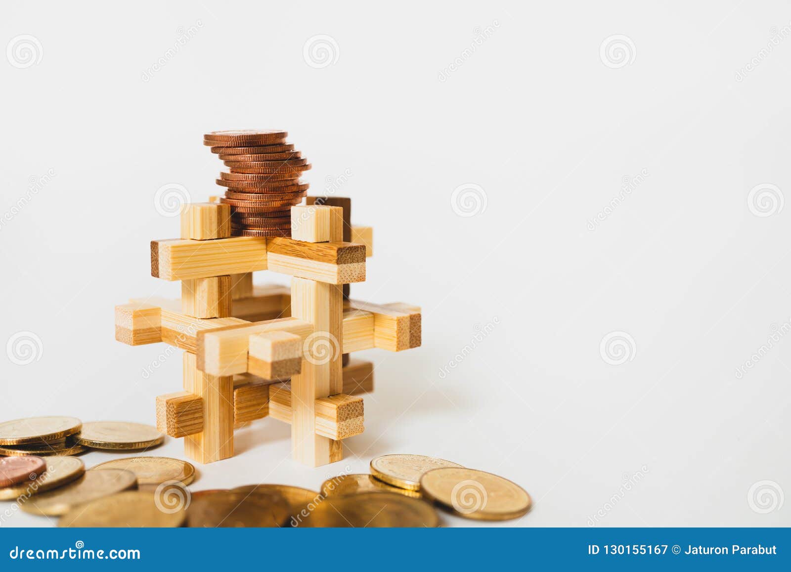 Stack Coins on Wooden Interlocking Isolated on White Background Stock ...