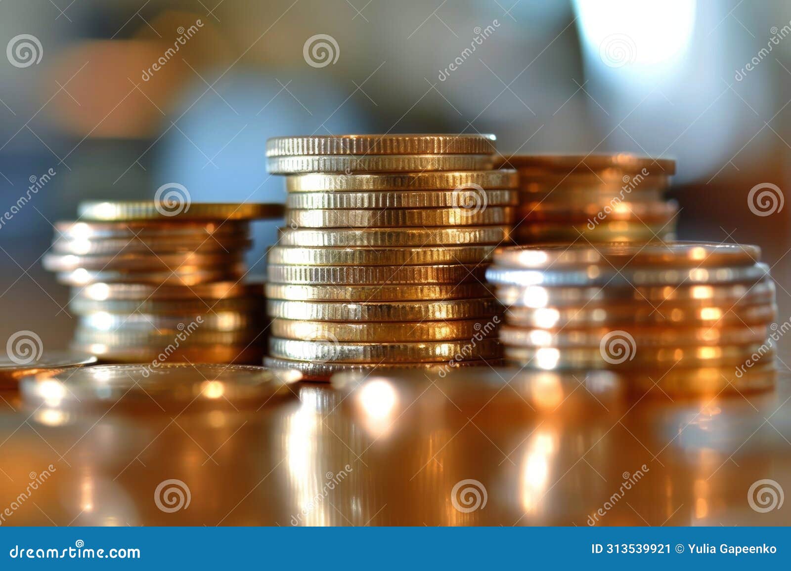 Stack of Coins on Wooden Table Stock Image - Image of table, metal ...