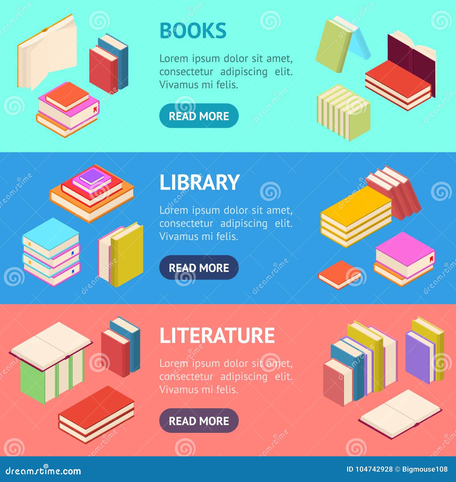 Stack of Color Books Banner Horizontal Set Isometric View. Vector Stock ...