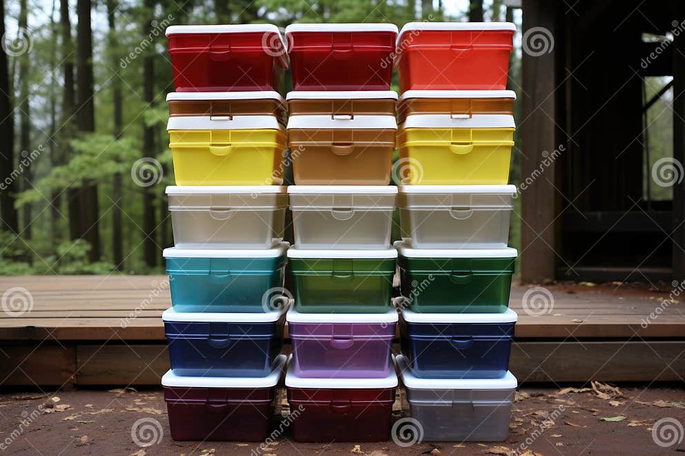 Stack of Color-coded Storage Containers with Labels Stock Image - Image ...