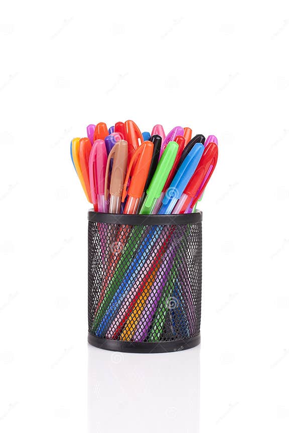 Stack of Color Pens in a Metal Holder Stock Image - Image of creativity ...