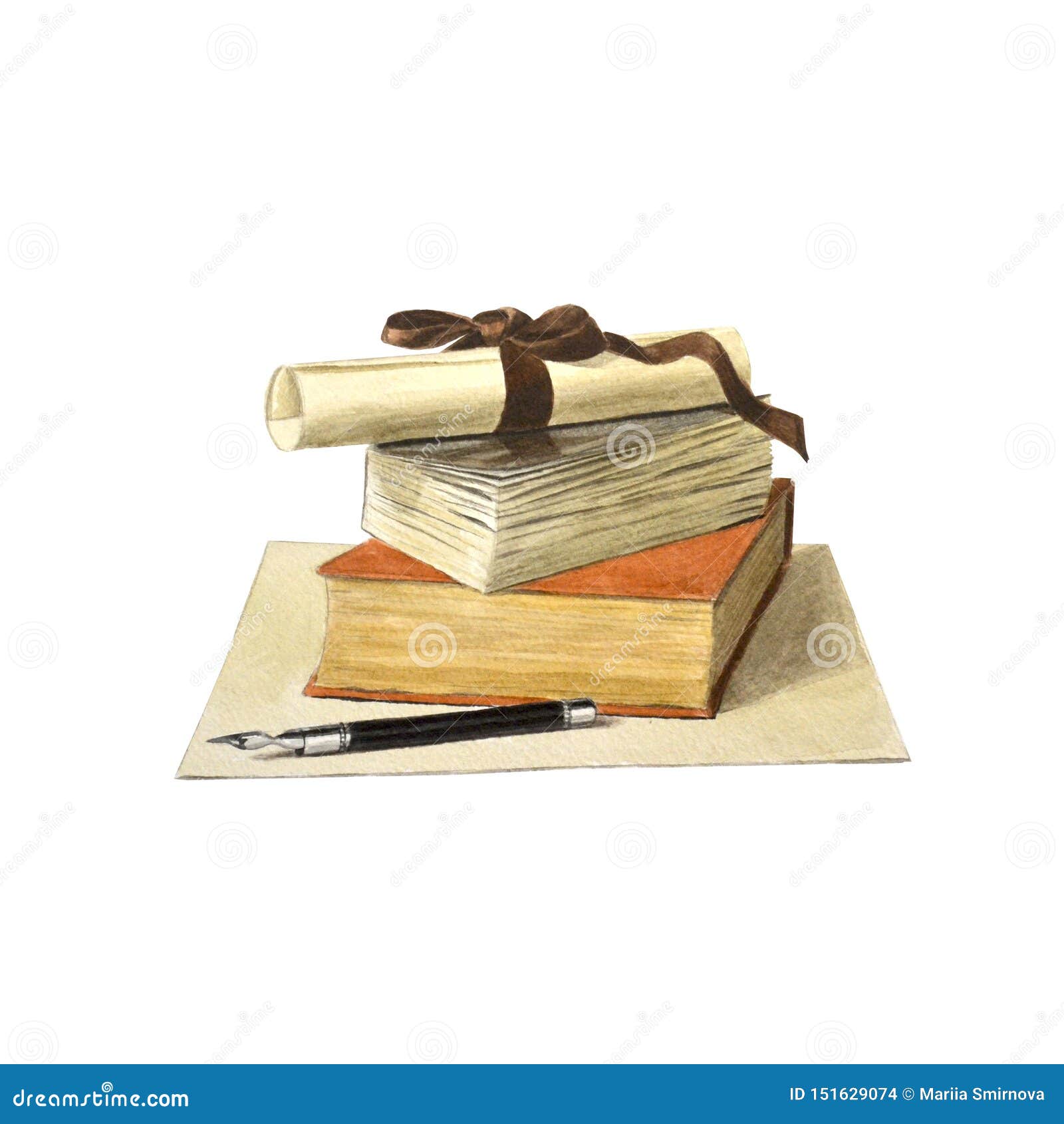 A Stack of Colored Books, a Scroll of Paper and a Fountain Pen. Stock ...