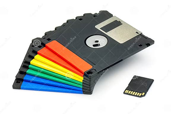 Stack of Colored Floppy Diskettes and Sd Memory Card Isolated on White ...