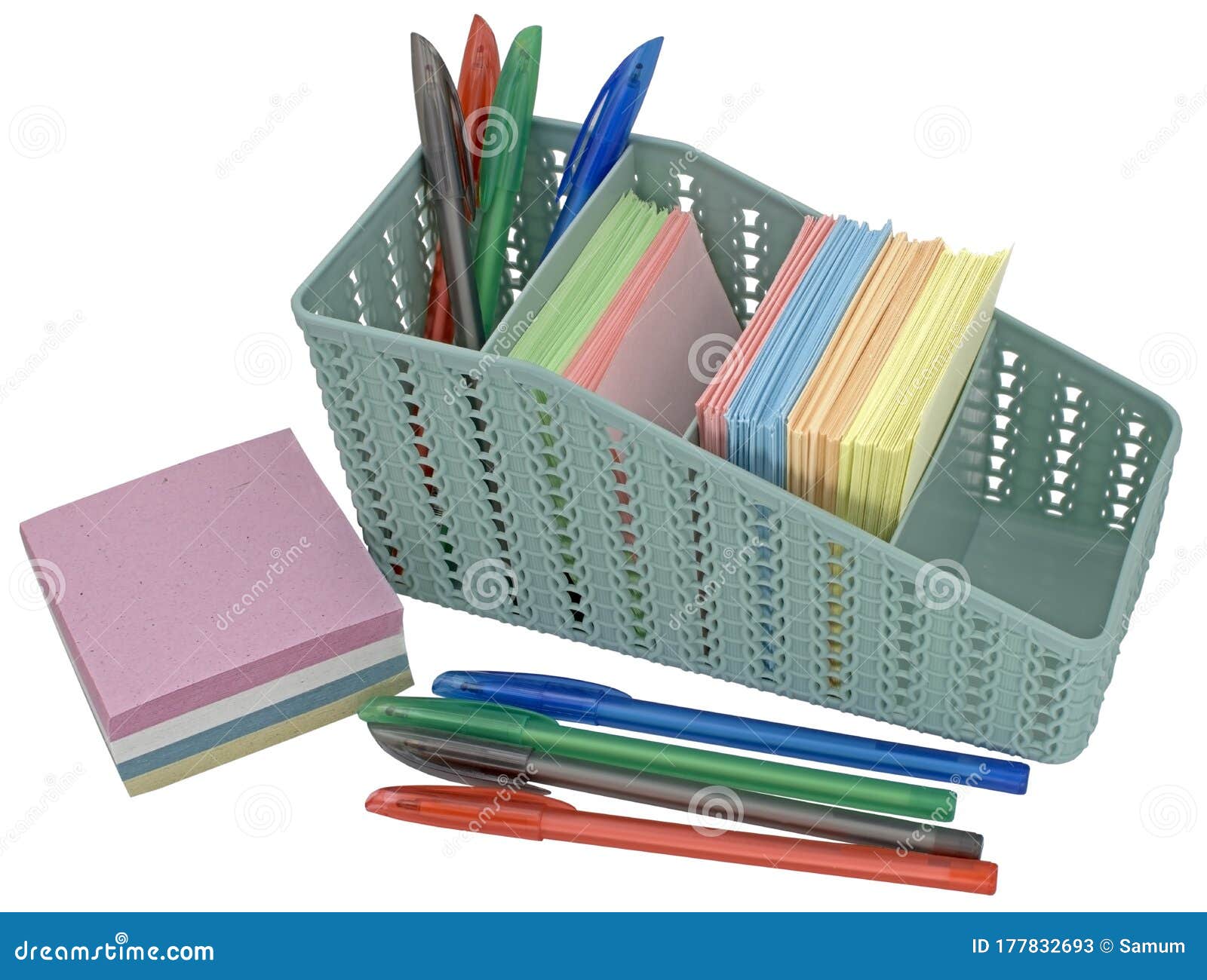 Stack of Colored Paper, Colored Pens and Basket for Pens Stock Image ...