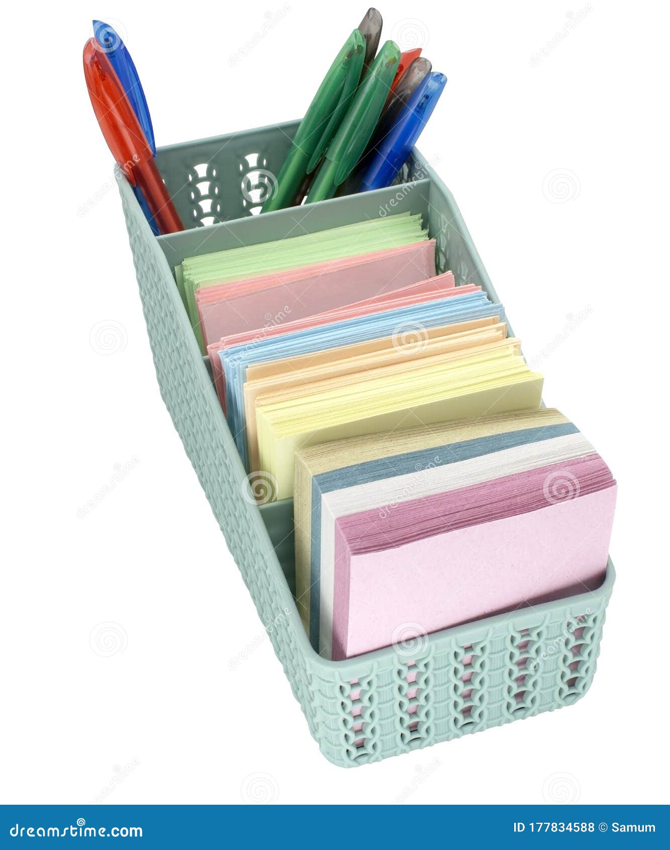 Stack of Colored Paper, Colored Pens and Basket for Pens Stock Photo ...