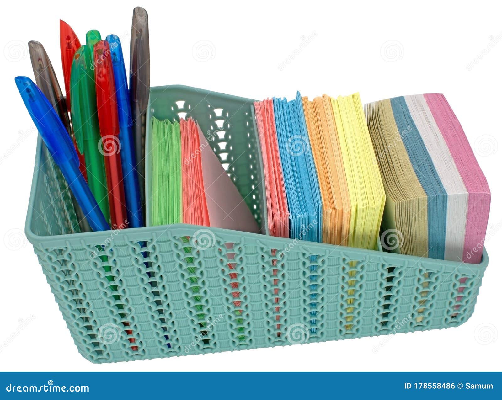 Stack of Colored Paper, Colored Pens and Basket for Pens Stock Photo ...