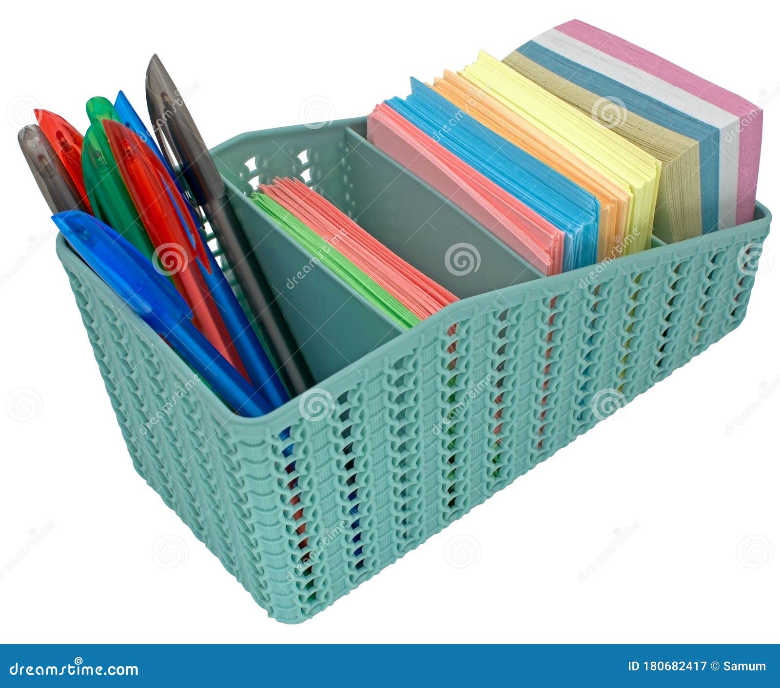 Stack of Colored Paper, Colored Pens and Basket for Pens Stock Image ...