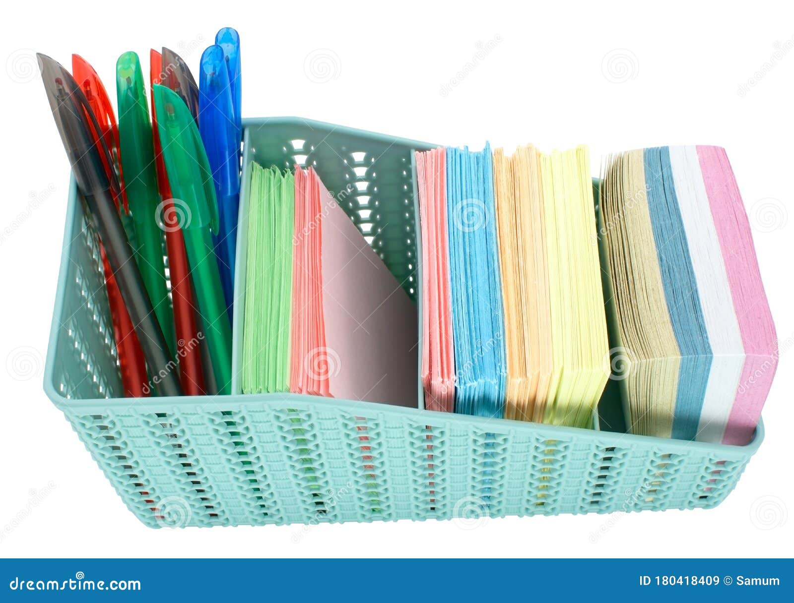 Stack of Colored Paper, Colored Pens and Basket for Pens Stock Image ...