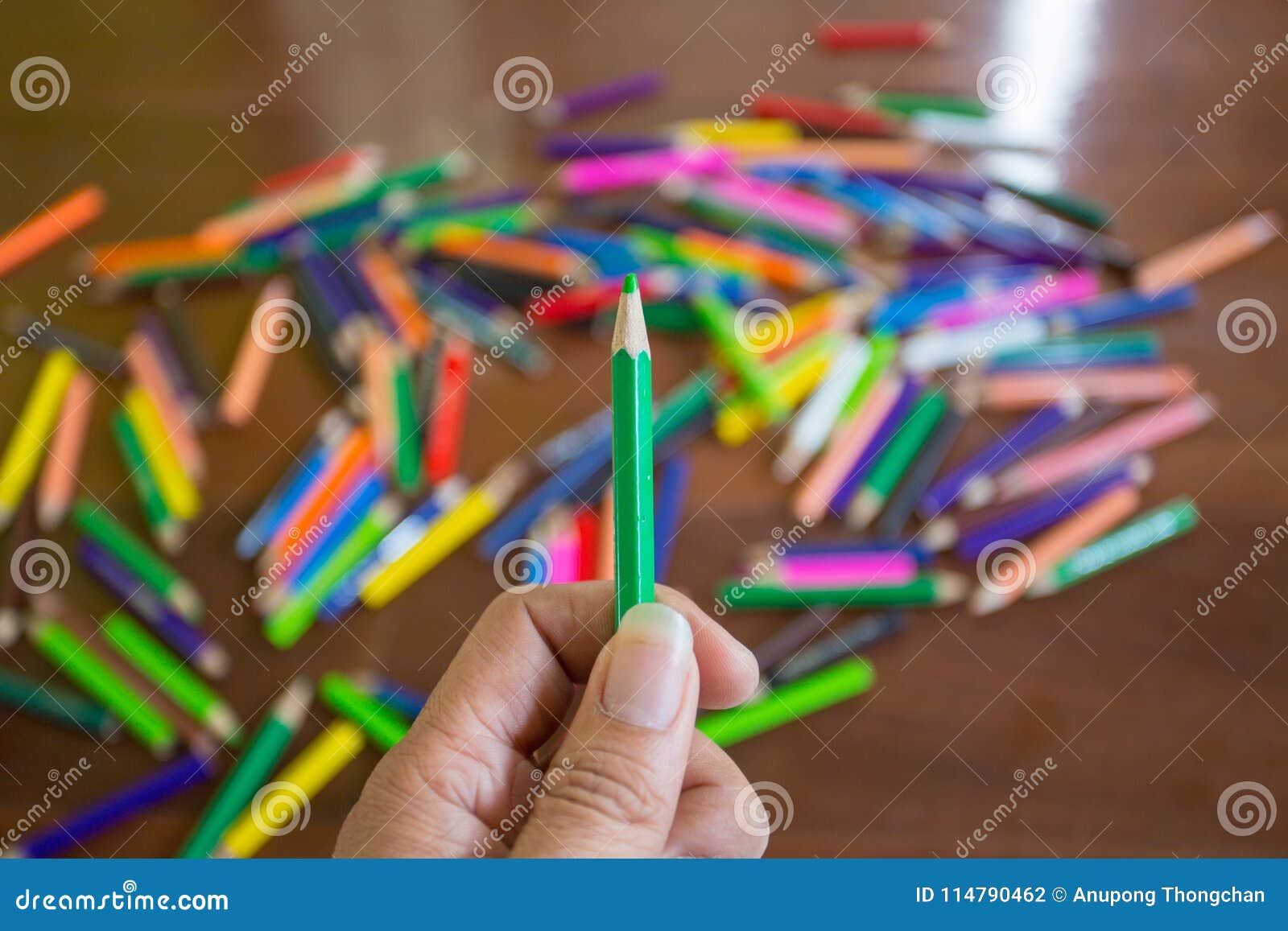 Stack of Colored Pencils in Hands Stock Photo - Image of office, blue ...