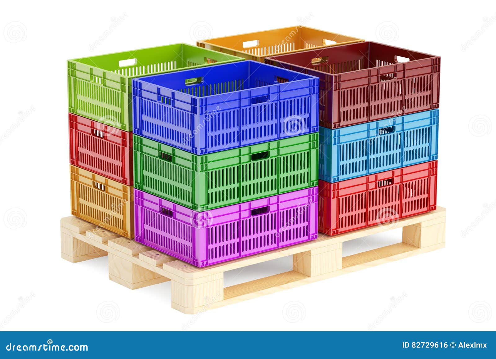 Stack Colored Plastic Crates on the Wooden Pallet, 3D Rendering Stock ...