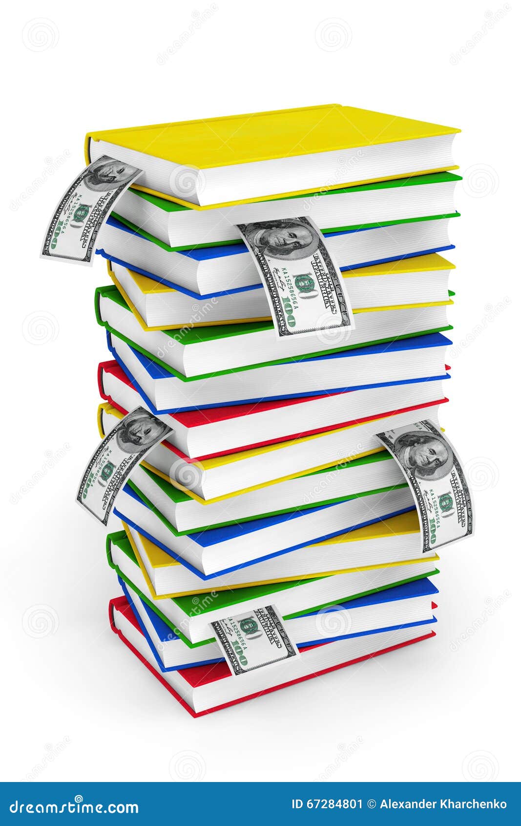 Stack of Colorful Books with Dollar Bills Stock Image - Image of office ...