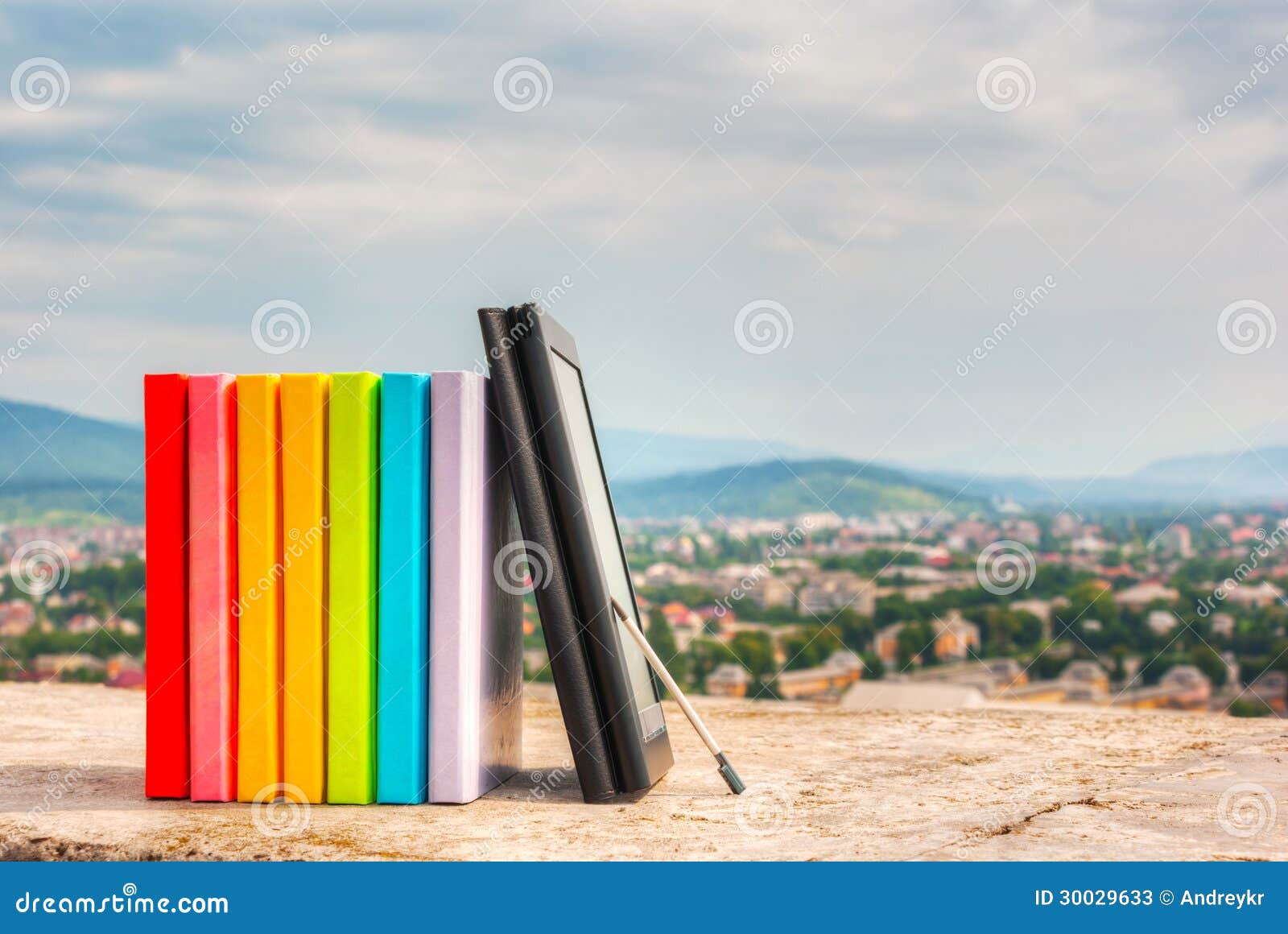 Stack of Colorful Books with E-book Reader Stock Image - Image of ...