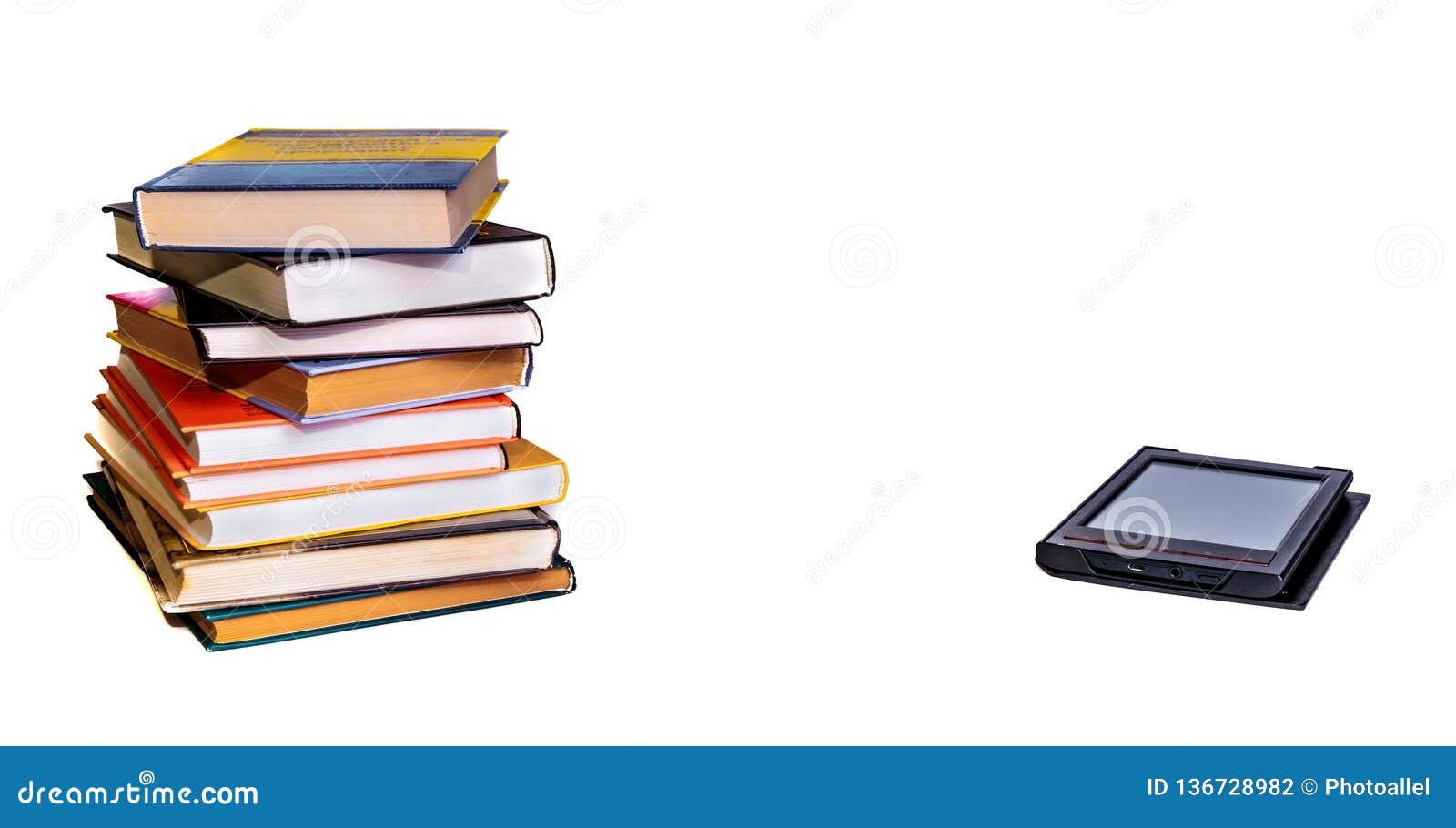 Stack of Colorful Books with Electronic Book Reader. Isolated on White ...