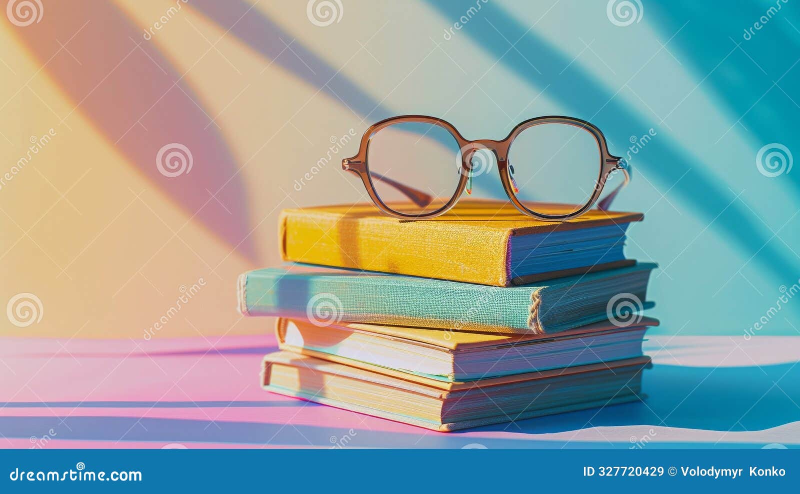 Stack of Colorful Books with Eyeglasses on Top, Backlit by Vibrant ...