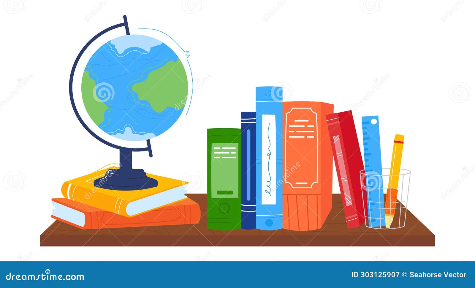 Stack of Colorful Books with Globe on Top, Pencil and Ruler in Cup ...