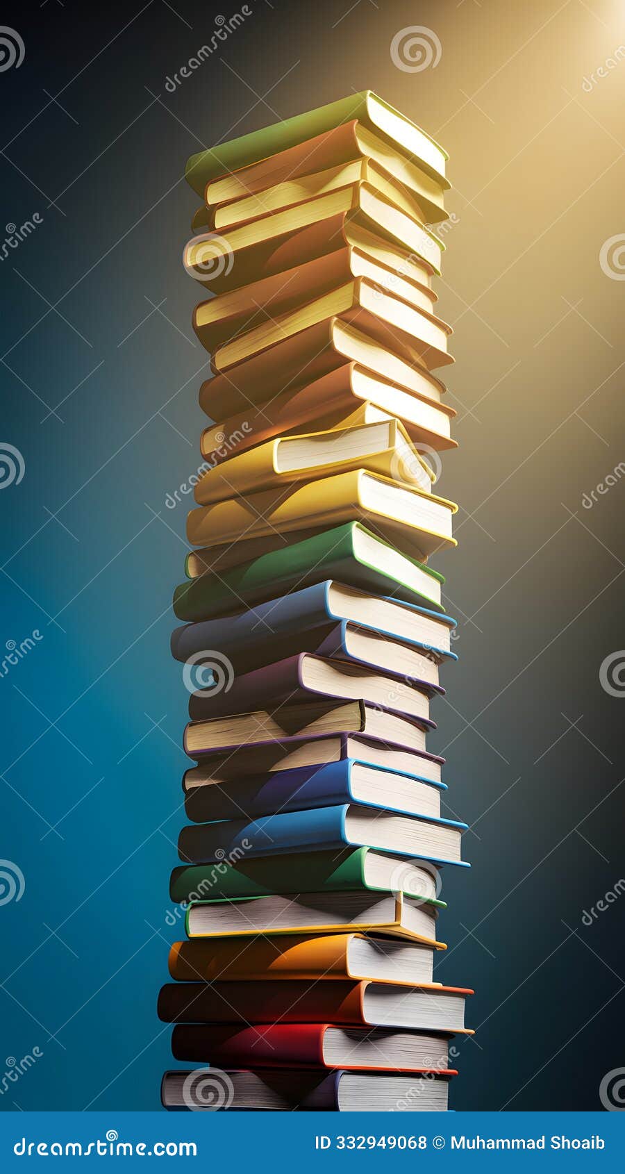 Stack of Colorful Books, Gradient Blue Background, Illuminated ...