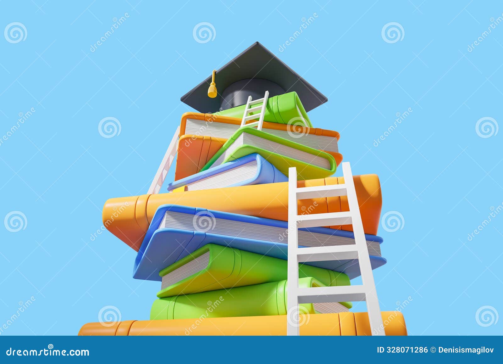 Stack of Colorful Books with Ladders and Graduation Cap. 3D Rendering ...