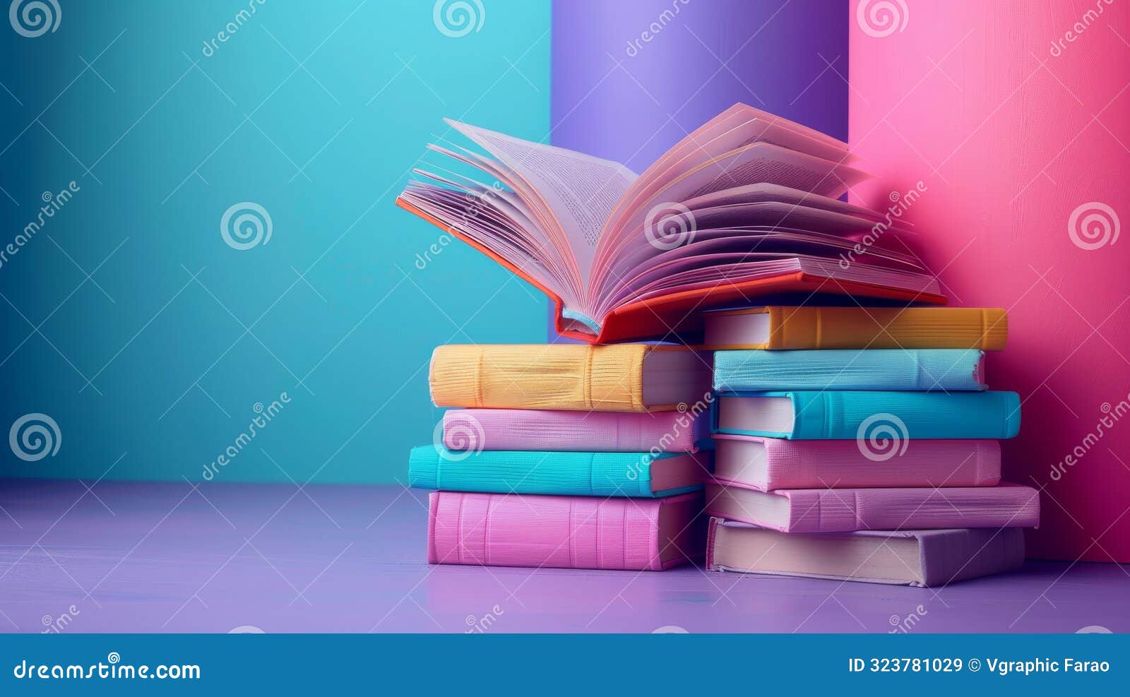 Stack of Colorful Books with an Open Book on Top, Vibrant Background ...