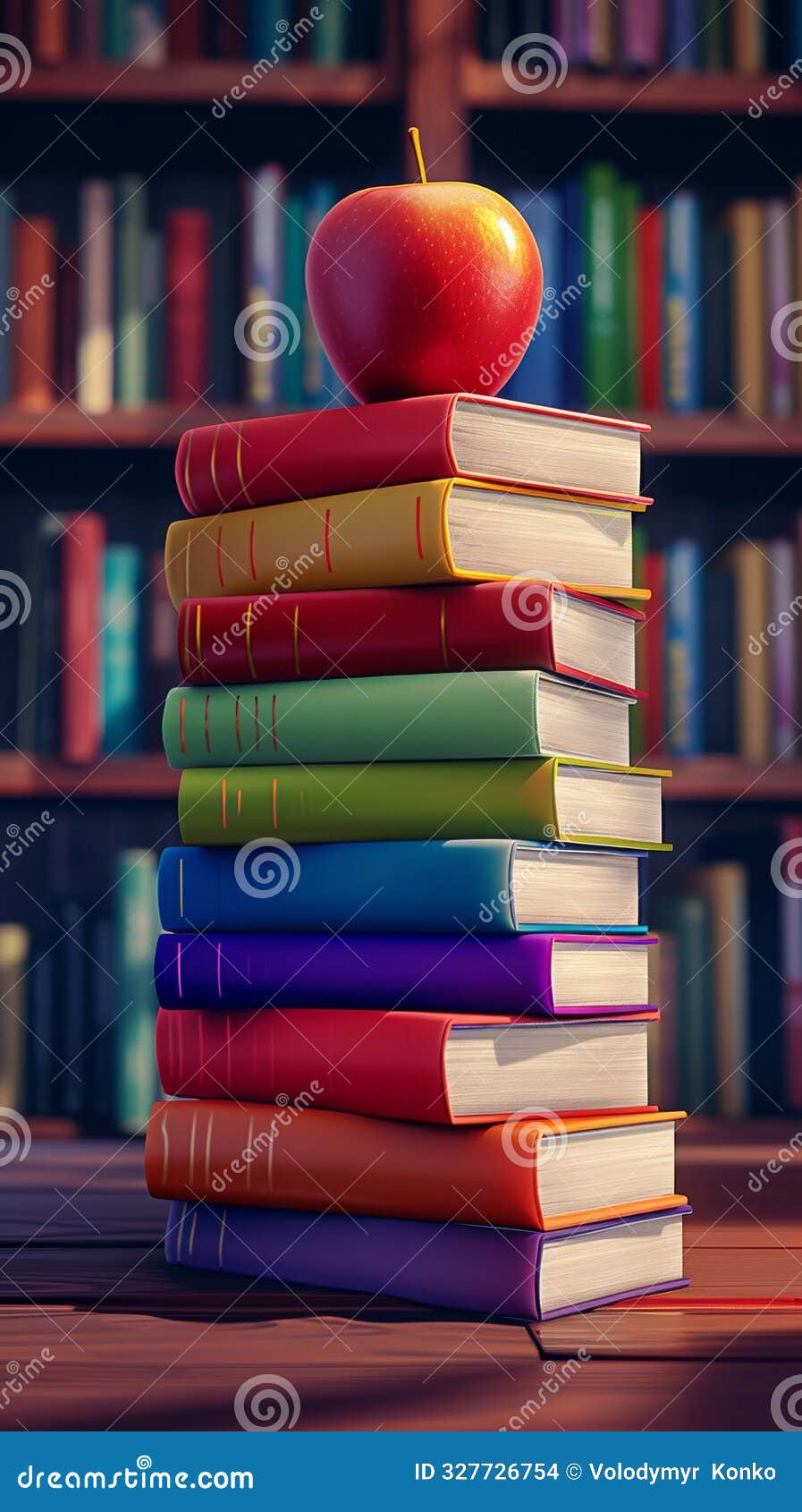 Stack of Colorful Books with Red Apple on Top in Library, Education ...