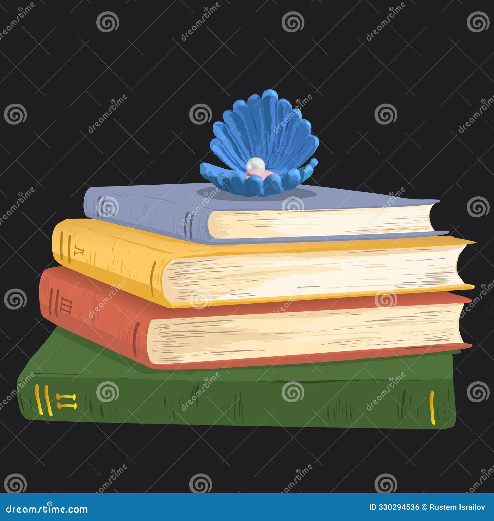 A Stack Of Colorful Books With A Small Seashell On Top. In An Open ...