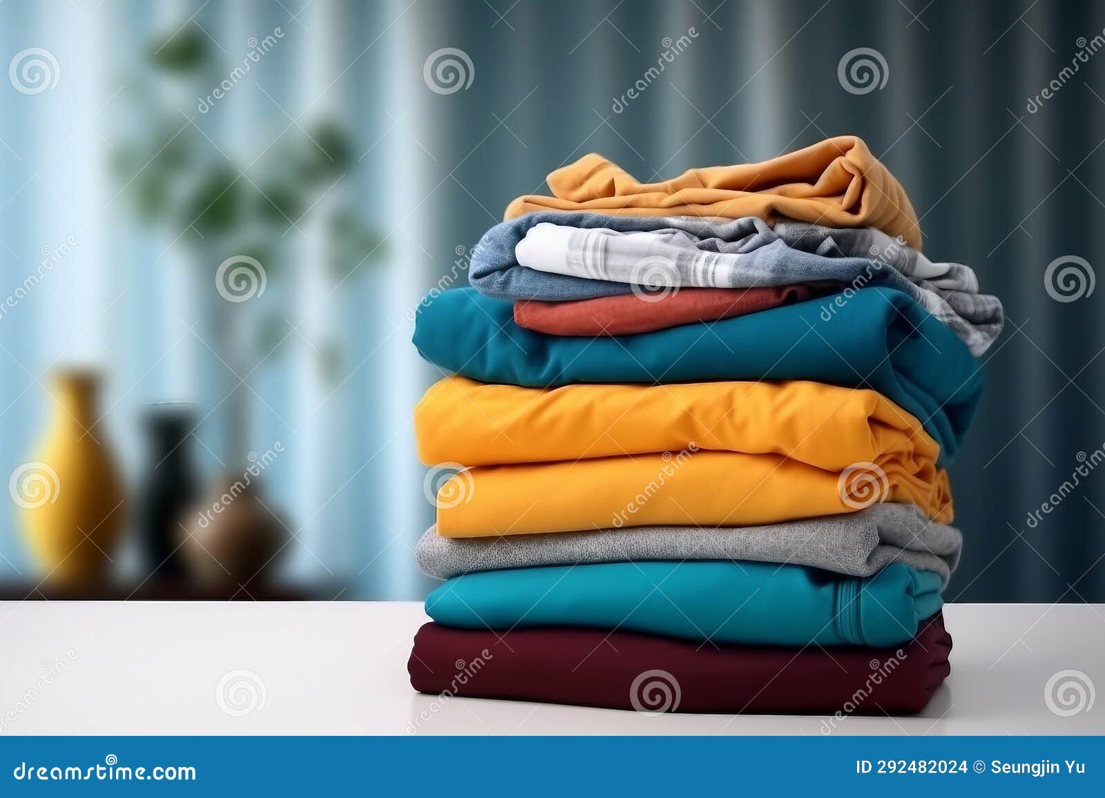 Stack of Colorful Clothes. Pile of Clothing on Table Empty Space ...