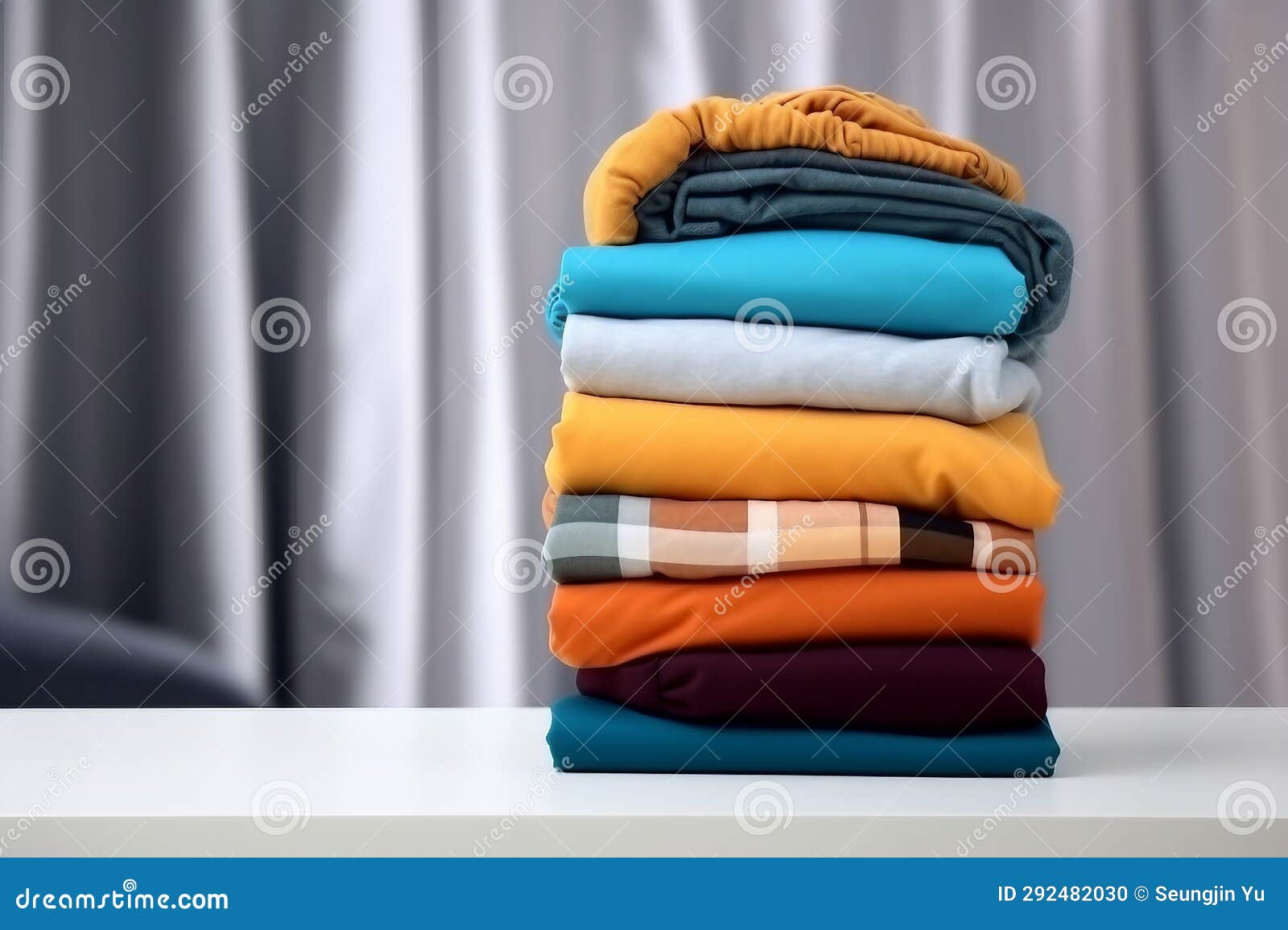 Stack of Colorful Clothes. Pile of Clothing on Table Empty Space ...