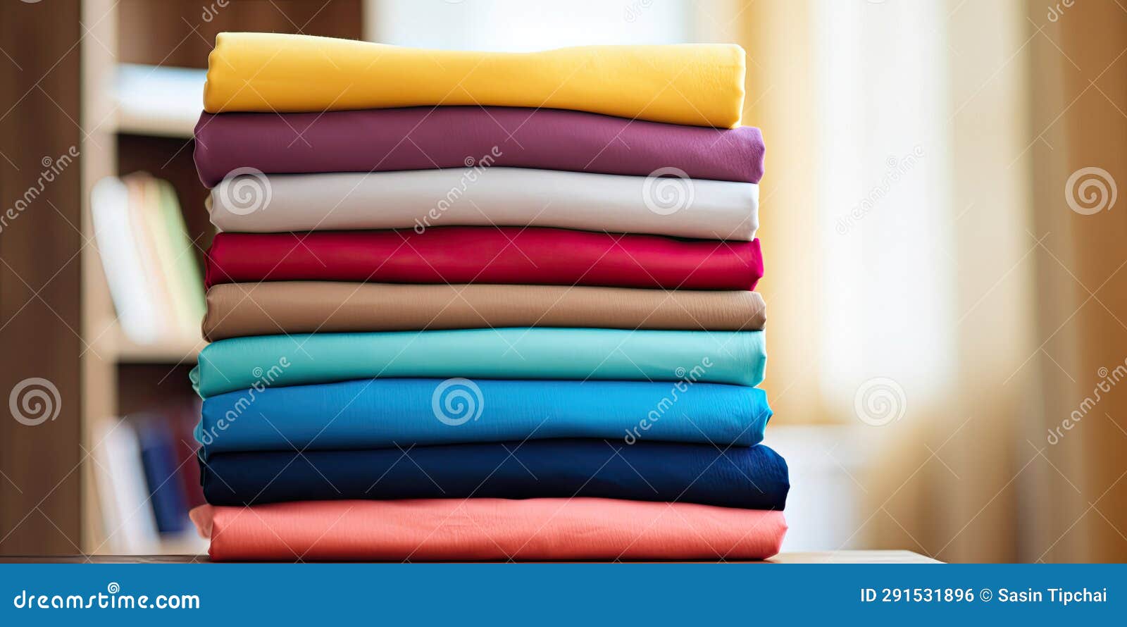Stack of Colorful Clothes. Pile of Clothing on Table Empty Space ...