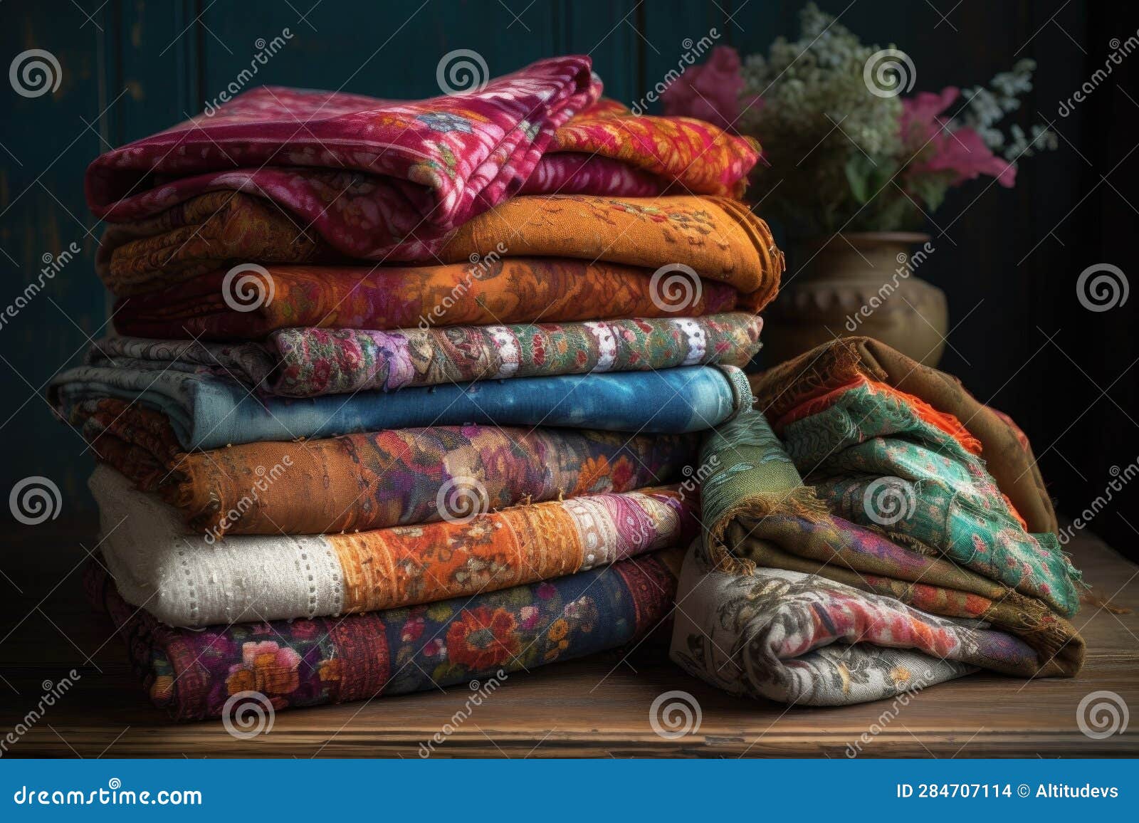 Stack Of Colorful Cloths With Varying Textures And Patterns Royalty ...